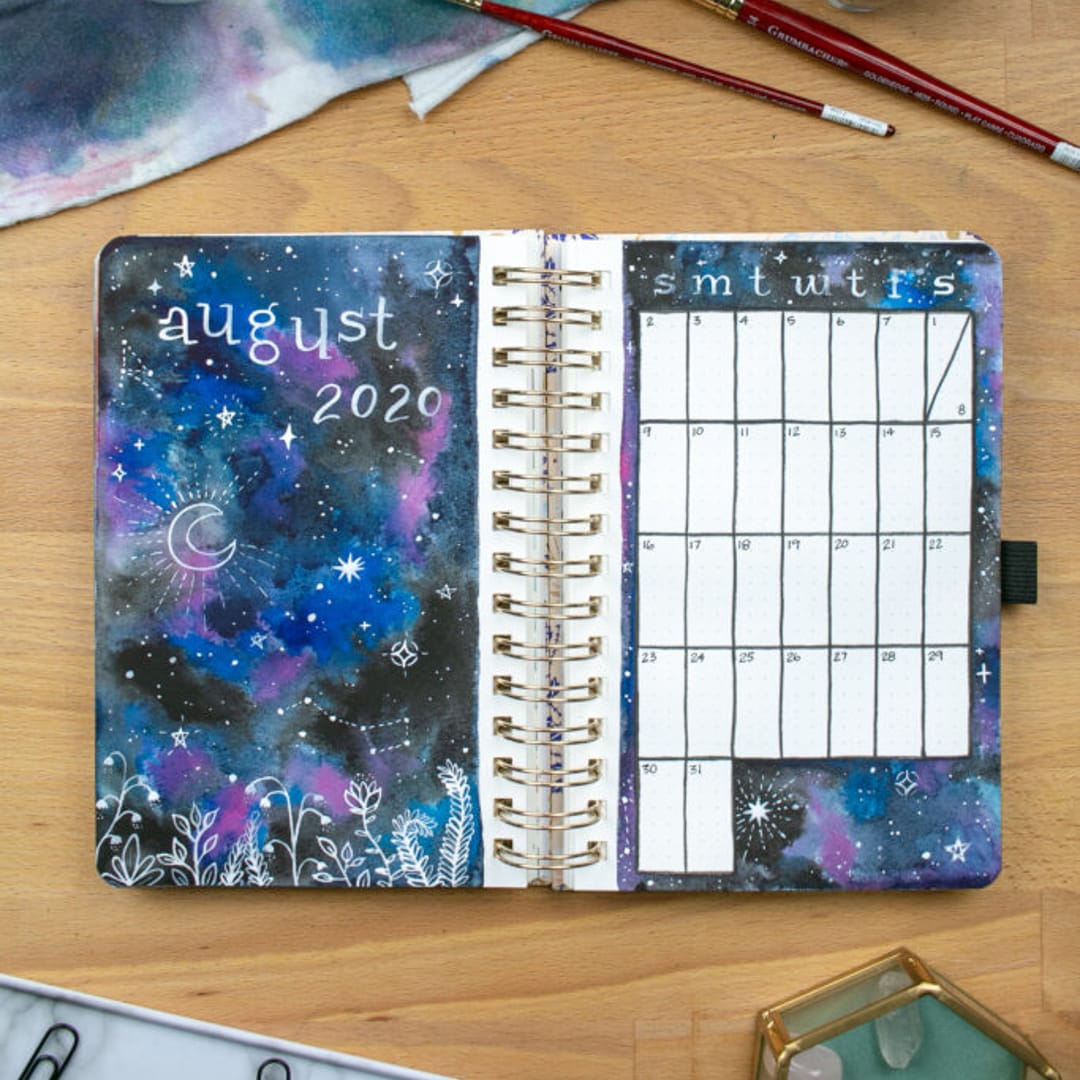 Whimsical Night Sky Illustration -- Bullet Journal Setup